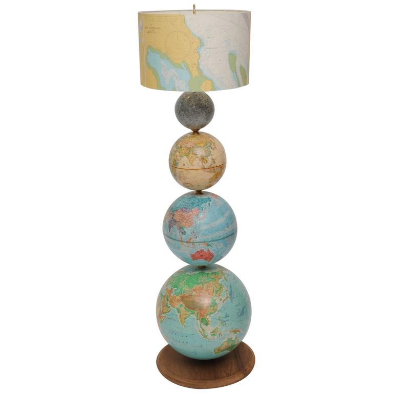 Vintage Earth and Moon Globes Converted to Floor Lamp with Chart Shade ...
