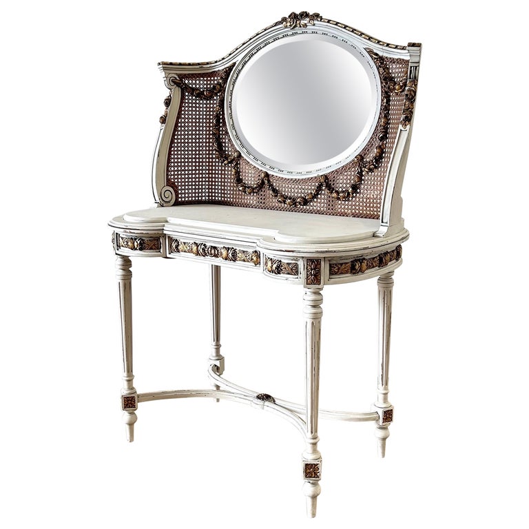 Vintage French Painted Roses Swag and Cane Vanity For Sale at 1stDibs
