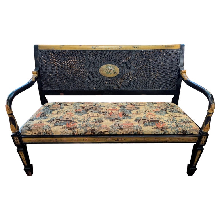 Vintage Wicker Cane Back Bench Chinoiserie Reupholstered with Asian ...