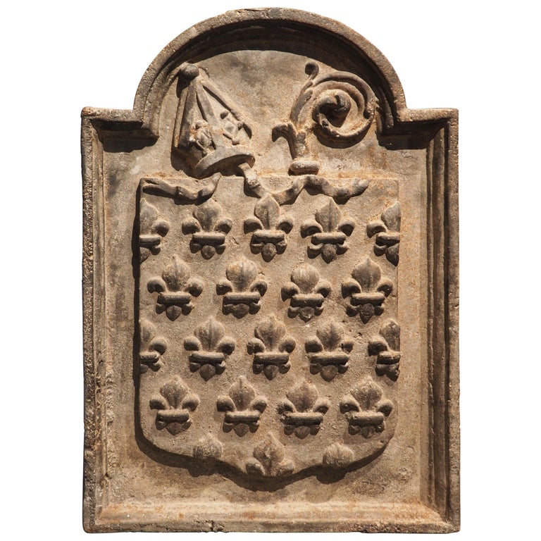 17th Century French Semis De Fleur De Lys Cast Iron Fireback, Mitre and ...