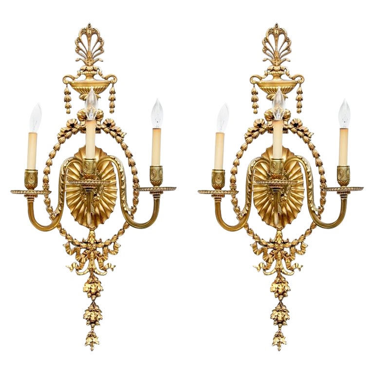 Pair of Large Scale Gilt Adam Style Three Light Electric Sconces For ...