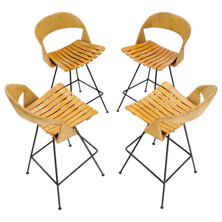 Set of 4 Arthur Umanoff Rush Seat Wire Bases Bar Stools circa 1970s ...