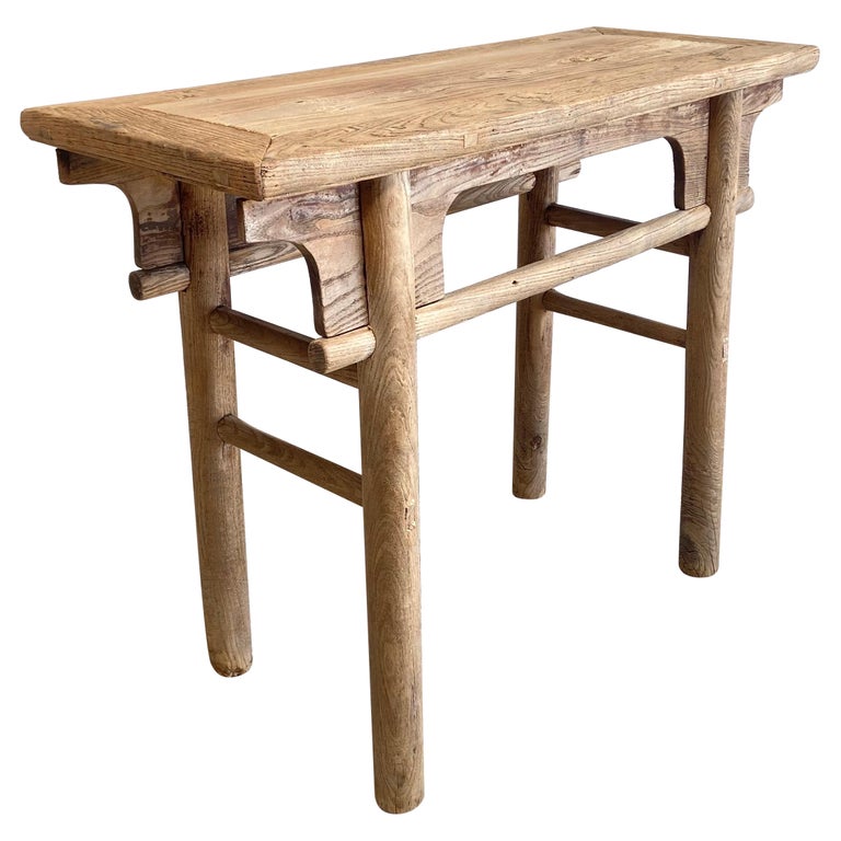 Vintage Elm Wood Console Table with Round Legs For Sale at 1stDibs