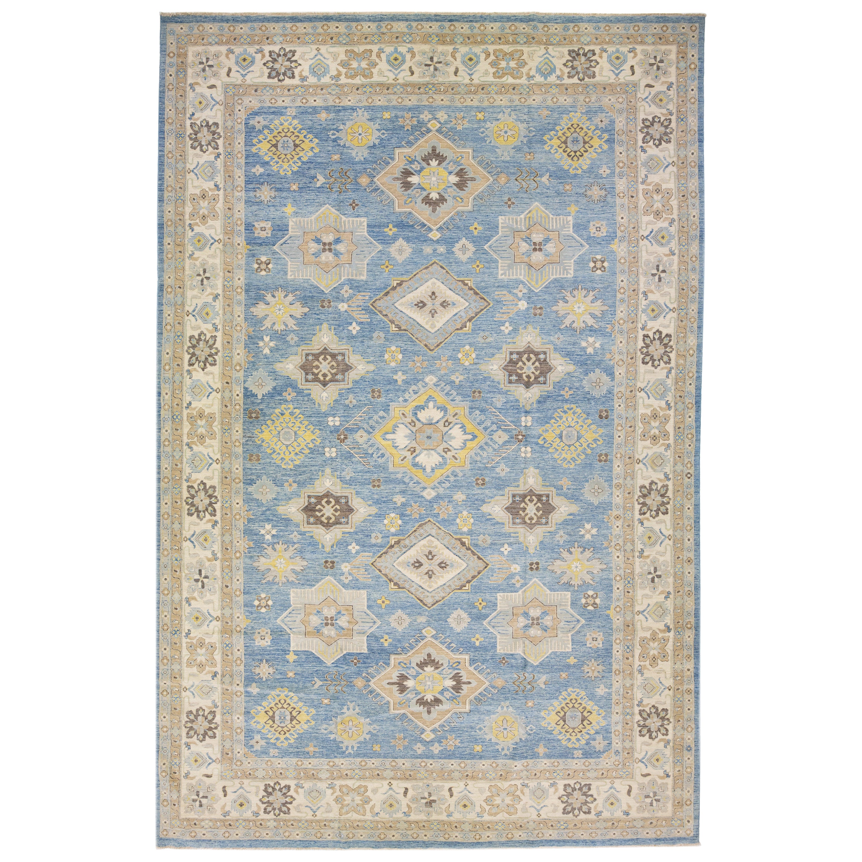 Blue Modern Paki Peshawar Handmade Wool Rug with Allover Pattern For ...