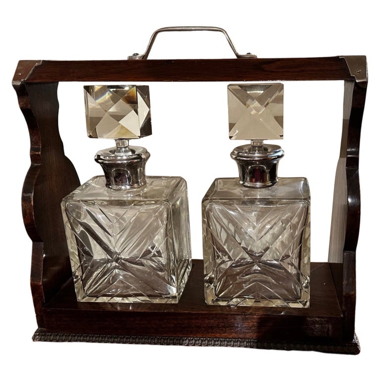 Tantalus Two Decanter Art Deco Set with Wood Holder For Sale at 1stDibs