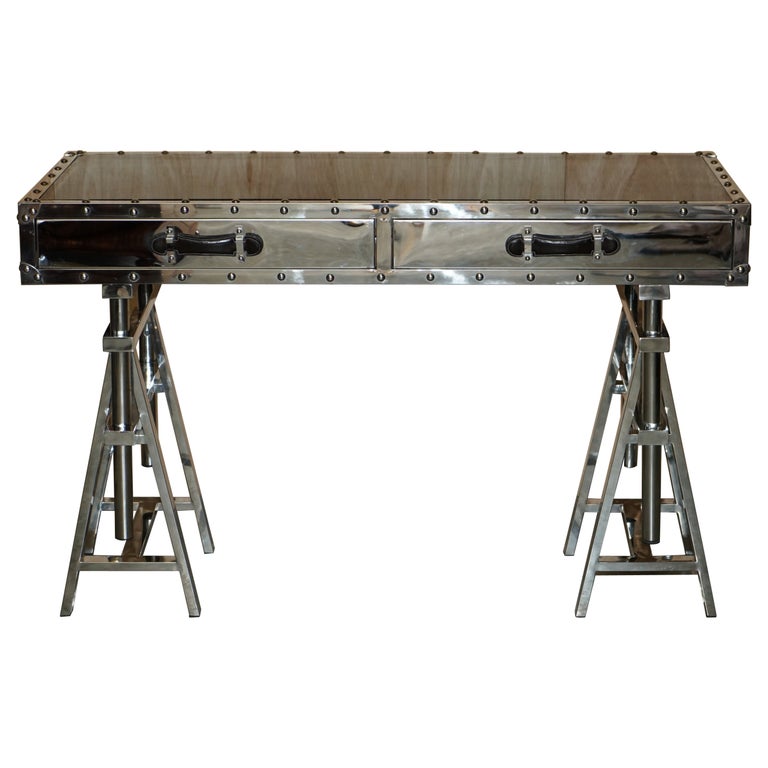 Eichholtz Chrome Glass Topped Trestle Three Drawer Luggage Style Desk ...