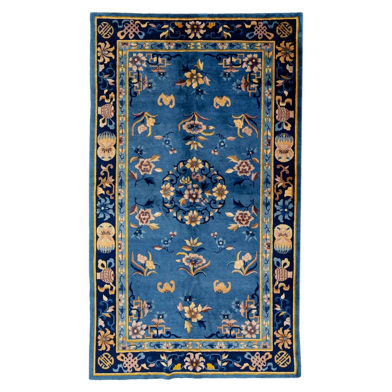 Handmade Antique Peking Chinese Blue Wool Rug with Allover Floral ...