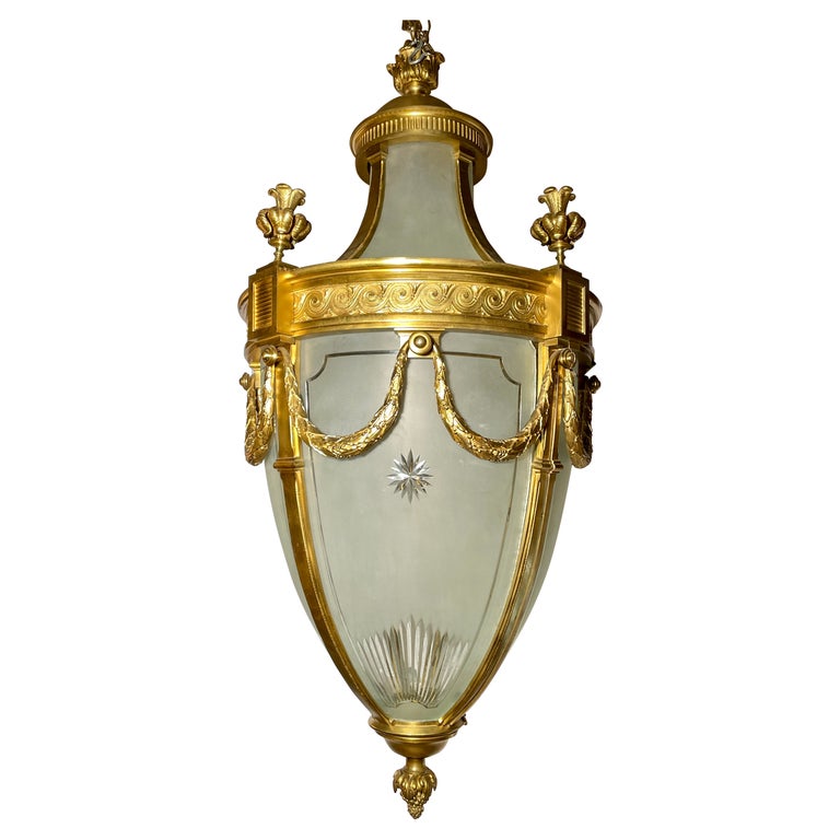 Grand Antique French Belle Époque Gold Bronze and Etched Glass Lantern ...