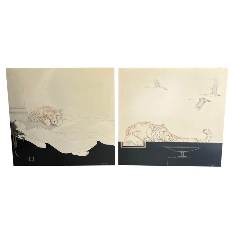 Pair of Large Decorative Gouaches Signed Tony Warren For Sale at 1stDibs