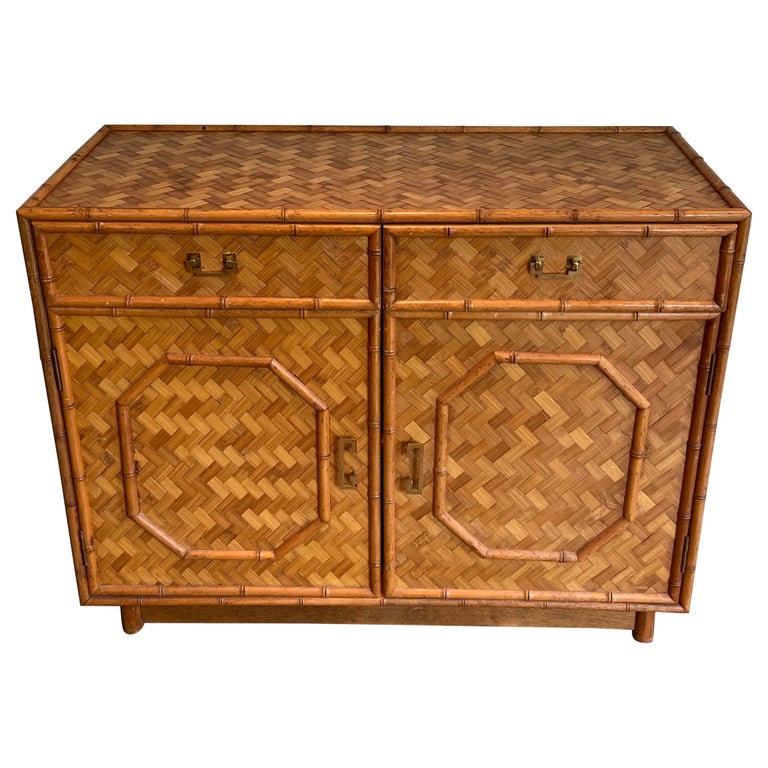 Straw and Bamboo Marquetry Chest of Drawers with Chinese Brass Handles ...