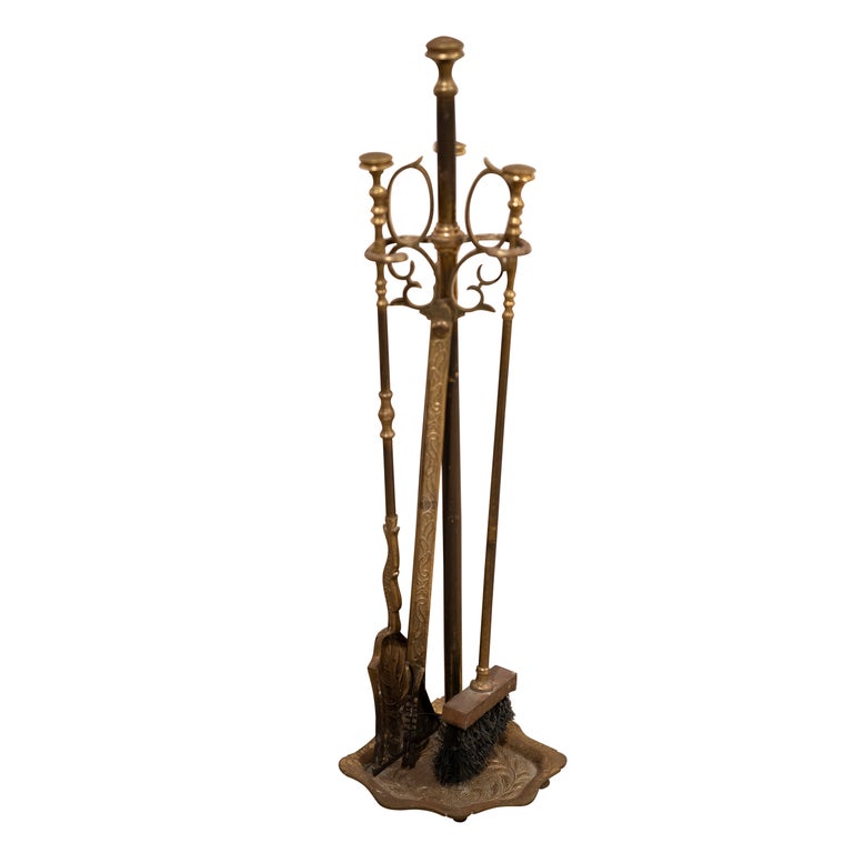 Brass and Iron Fireplace Set with Three Utensils and Base For Sale at ...