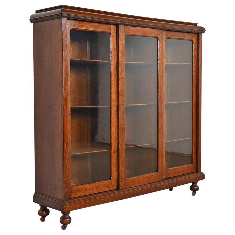 Antique Stickley Style Arts and Crafts Oak Glass Front Triple Bookcase ...