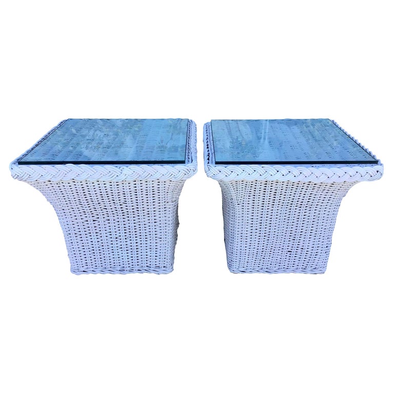 Bielecky Brothers White Square Rattan Side Tables, a Pair For Sale at ...