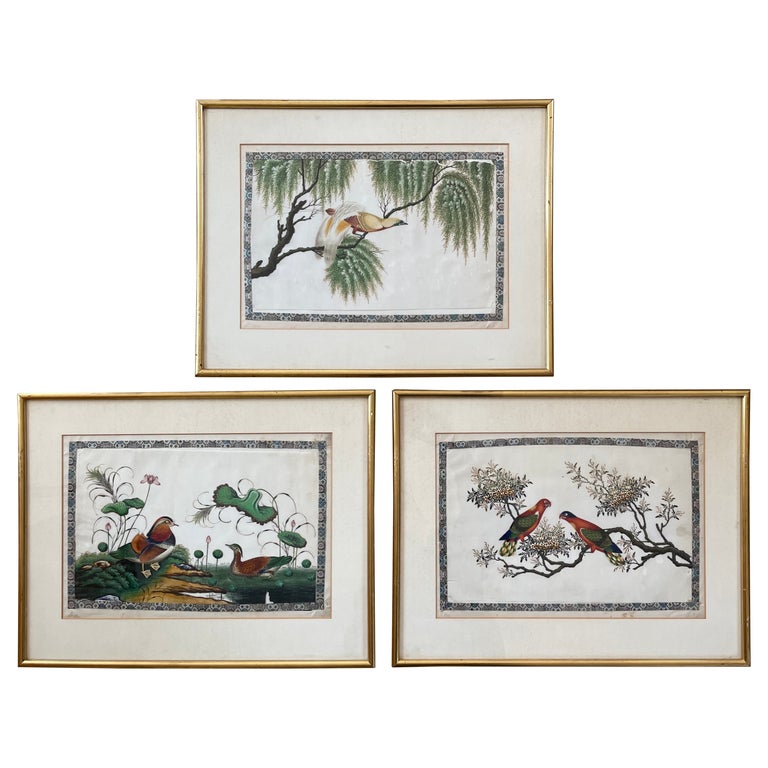 Set of Three Painted Silk Bird Paintings For Sale at 1stDibs