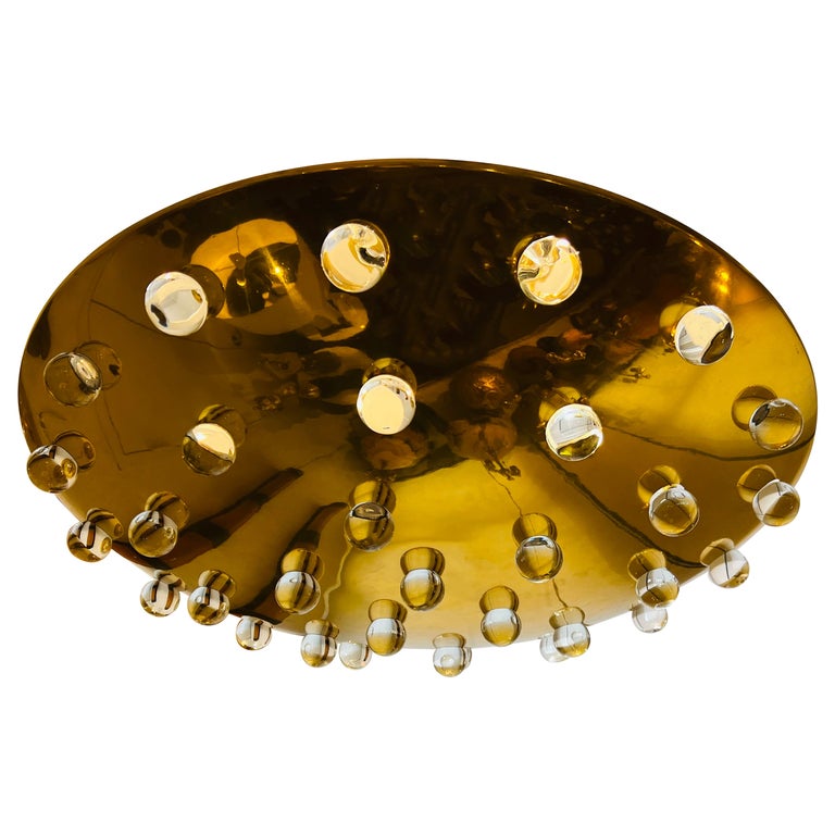 Large French 1960s Golden Crystal Orb Pendant Flush Ceiling Light For ...