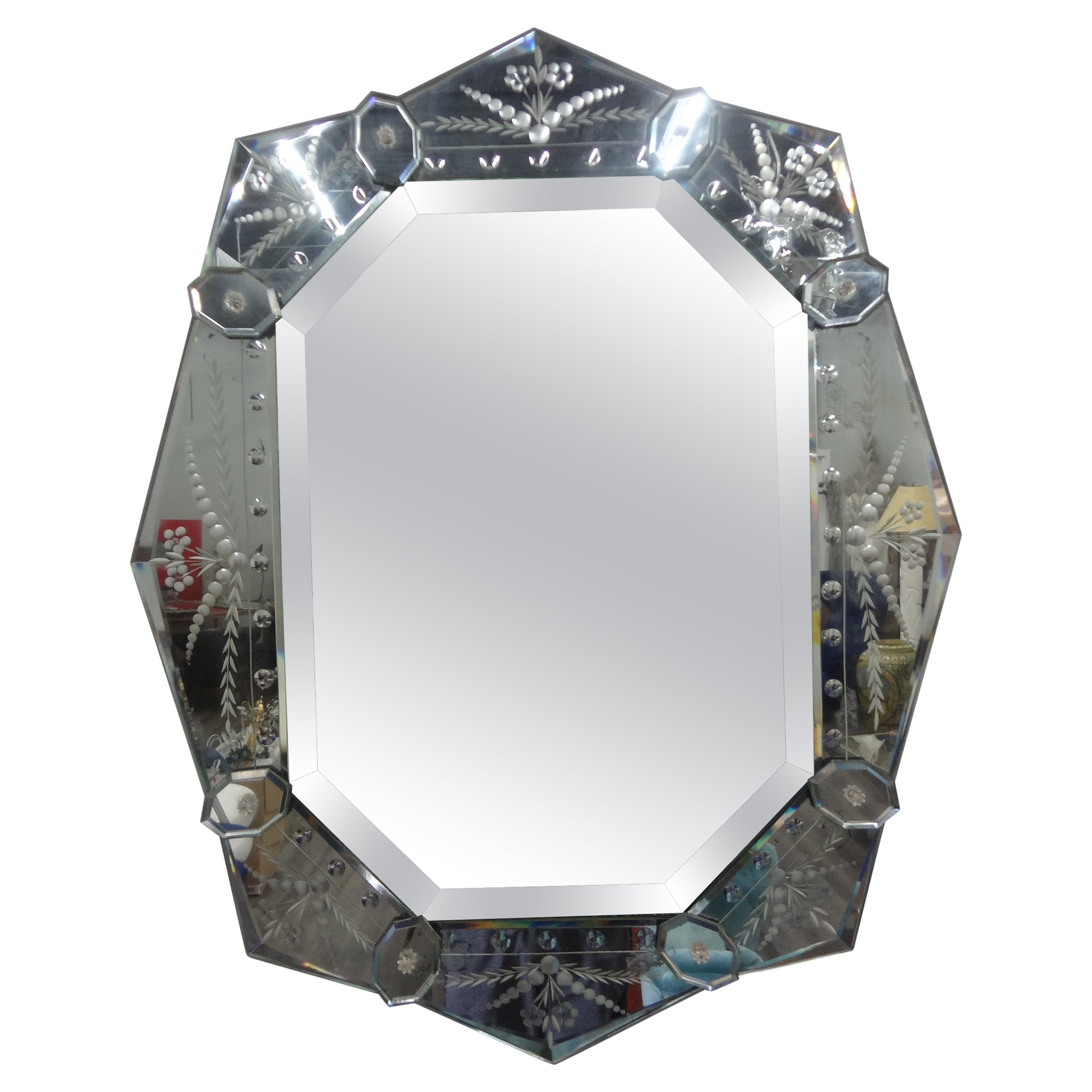 Hollywood Art Deco Atomic Mirror with Beveled Edges and Reverse Etched ...