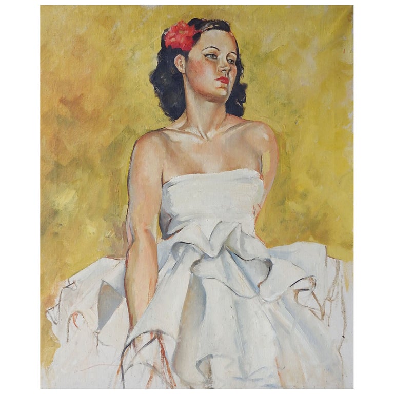 Midcentury Portrait Painting of Daring Young Woman For Sale at 1stDibs