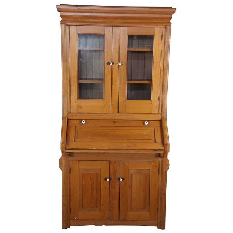 Antique Farmhouse Country Pine Secretary Writing Desk Bookcase Kitchen ...