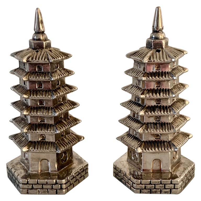 Silver Godinger Chinoiserie Pagoda Salt and Pepper Shakers For Sale at ...