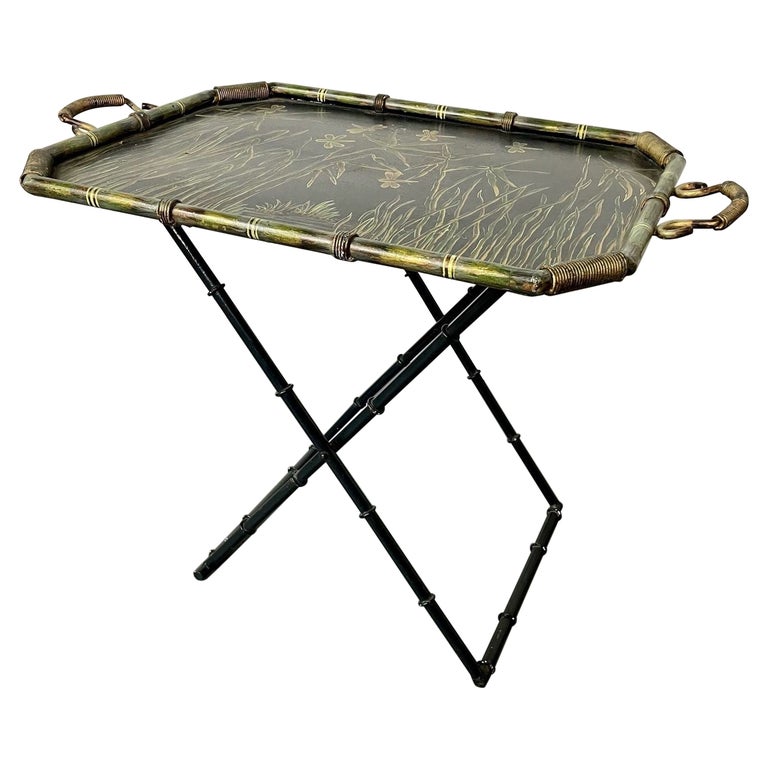 Tea or Folding Table Faux Bamboo Metal, Asian Floral Motifs For Sale at ...
