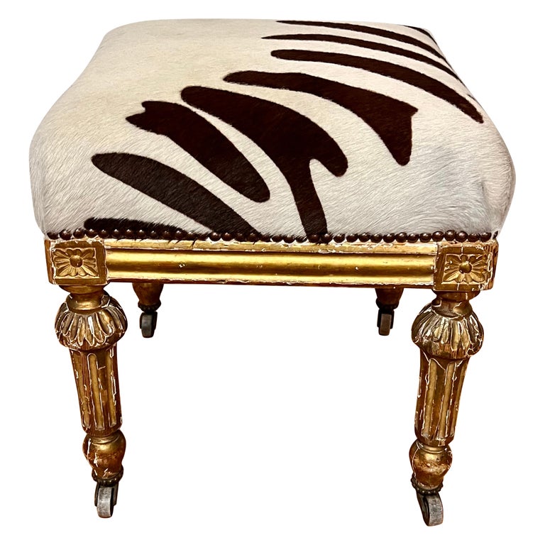 Antique Giltwood Zebra Print Cowhide Upholstered Stool For Sale at 1stDibs