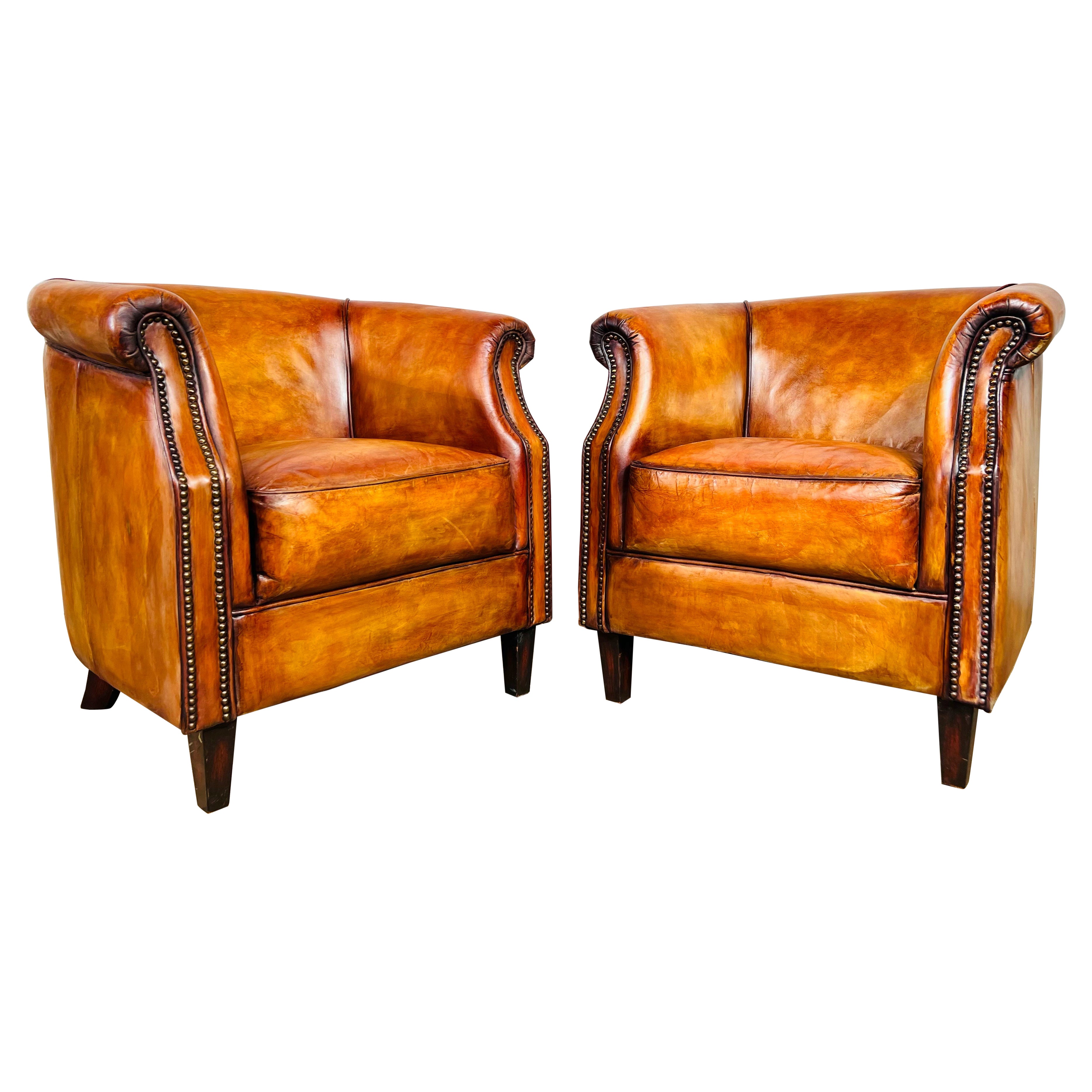 Pair of French Tan Leather Chairs For Sale at 1stDibs