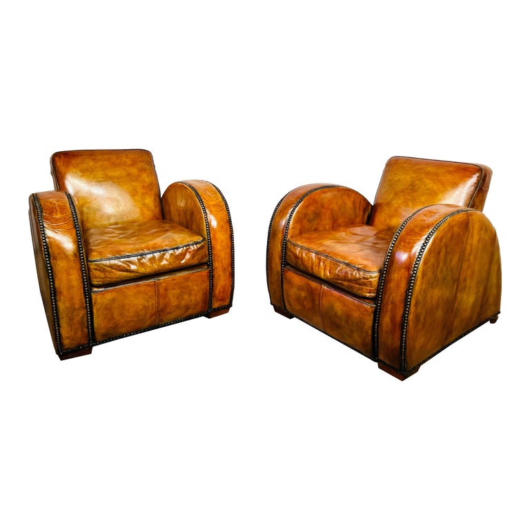 Vintage Halo Art Deco Style Tan Leather Club Chairs Armchairs For Sale ...