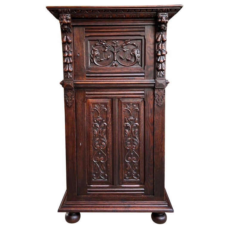 Antique French Cabinet Renaissance Carved Oak Bookcase Wine Cellarette ...