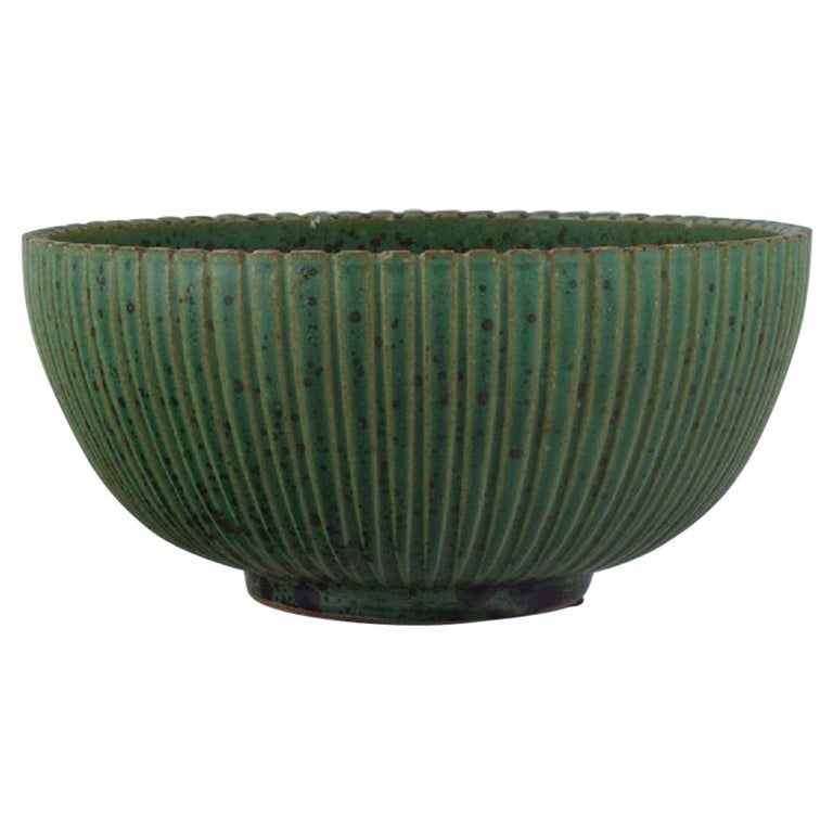 Arne Bang, Ceramic Bowl in Fluted Design, Glaze in Shades of Green For ...