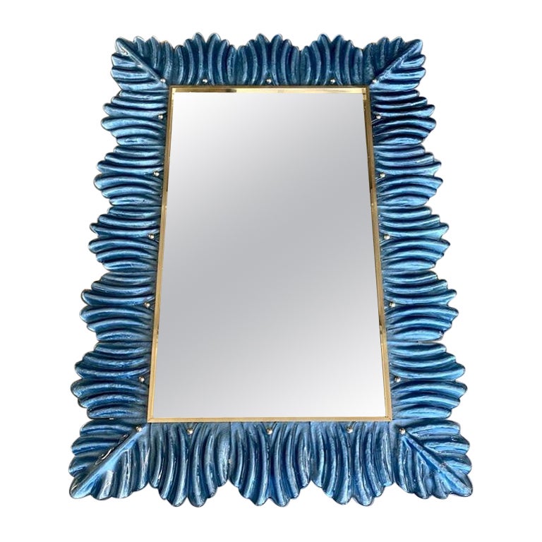 Murano Blu Color Glass and Brass Mid-Century Wall Mirror, 2000 For Sale ...