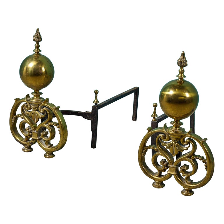 Set of Large Baroque Style Cast Brass Andirons For Sale at 1stDibs