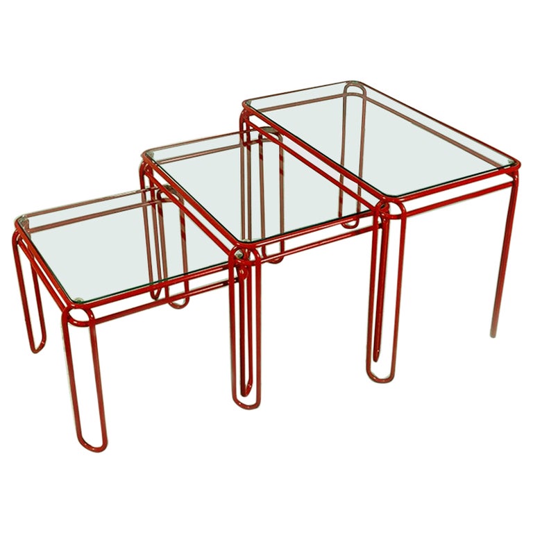 Italian Modern Set of Three Red Metal and Transparent Glass Coffee ...