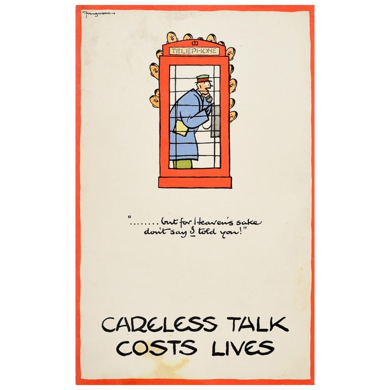 Original Vintage WWII Poster Careless Talk Costs Lives Telephone Box ...