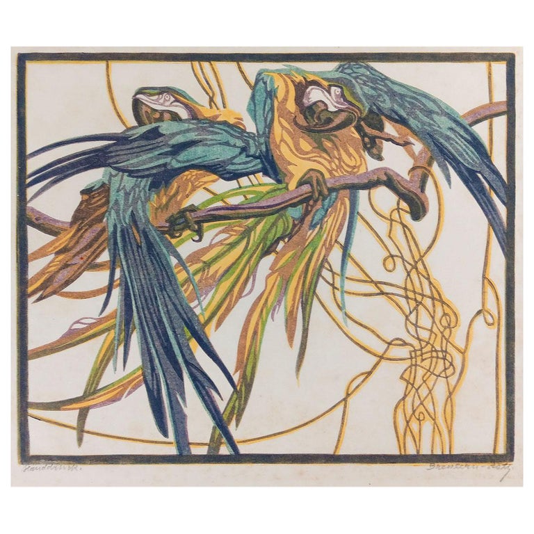 Norbertine Von Bresslern-Roth Blue Yellow Parrots Woodcut For Sale at ...