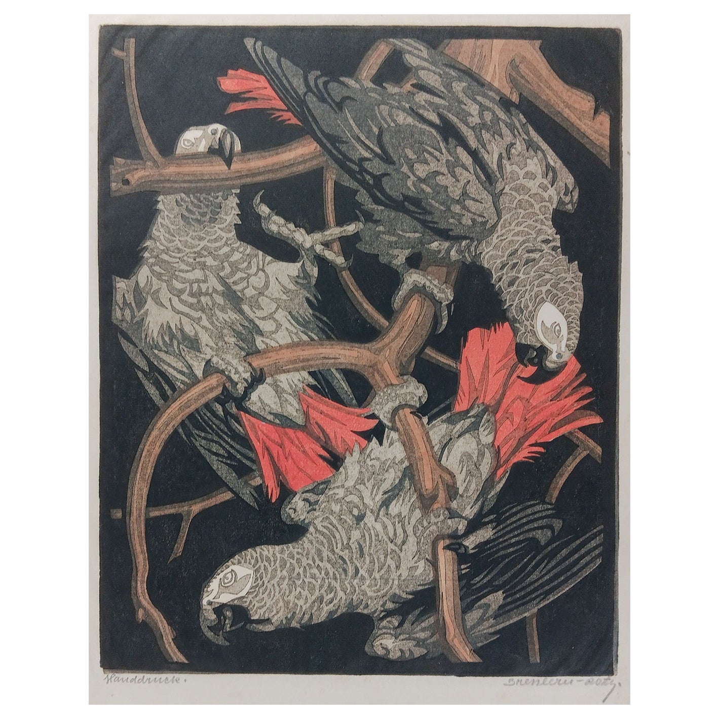Norbertine Von Bresslern-Roth Blue Yellow Parrots Woodcut For Sale at ...