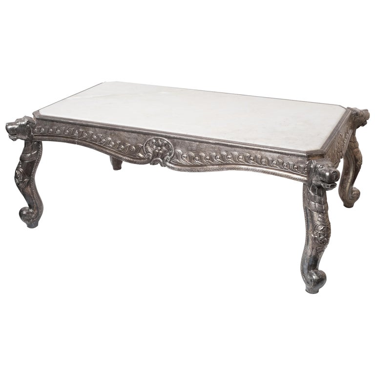 Palace Center Table Silver over Ornate Carved Wood with Marble Top For ...