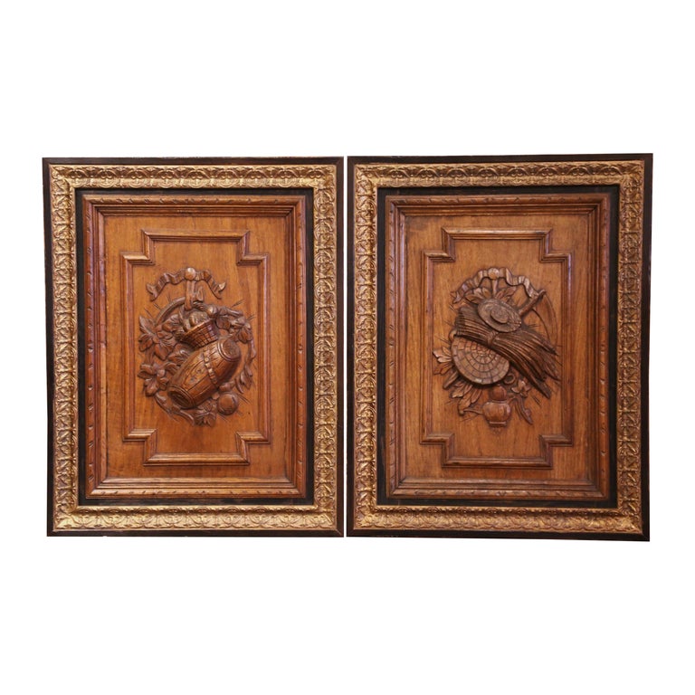Pair of 19th Century French Carved Oak Wall Door Panels in Gilt Frames ...