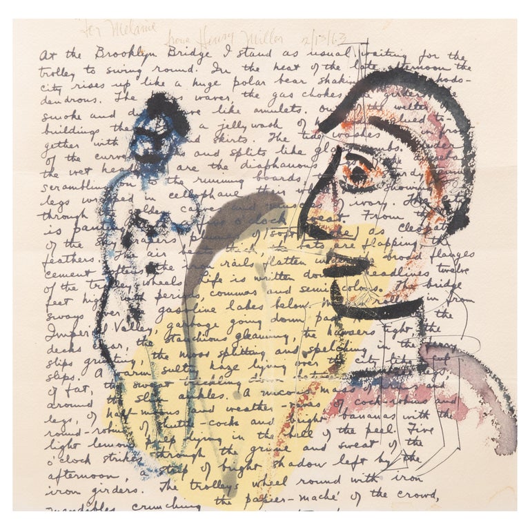 Signed Henry Miller Original writings and watercolour Painting For Sale ...