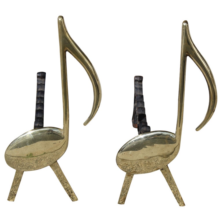 Pair of Brass and Cast Iron Musical Note Andirons For Sale at 1stDibs