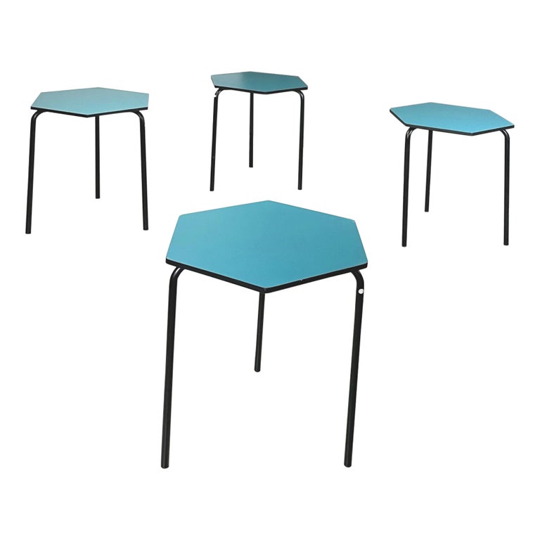 Italian Midcentury Hexagonal Bar Tables in Blue Formica and Black Metal ...