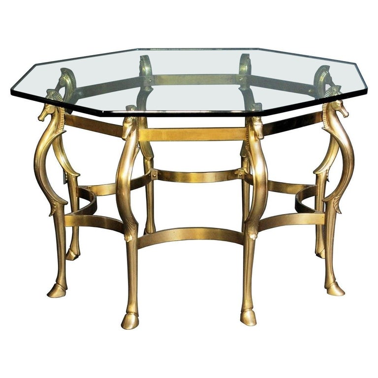 French Midcentury Bronze Center or Dining Table, Octagonal Shape, Horse ...