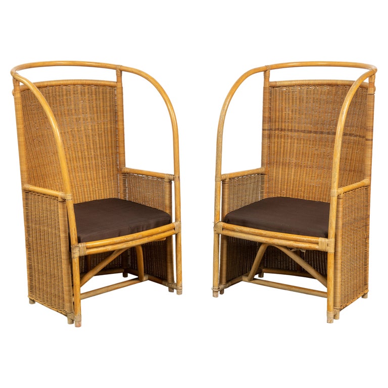 Vintage Rattan and Bamboo High Back Armchairs with Fabric Cushions For ...