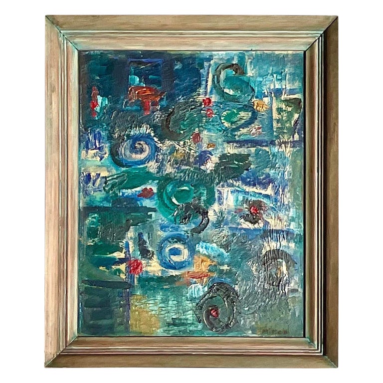 Vintage MCM Original Abstract Oil on Board Signed For Sale at 1stDibs