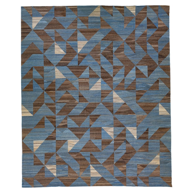 Blue Oversize Kilim Wool Rug Flatweave with a Modern Abstract Design ...
