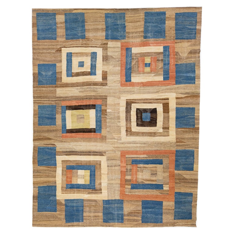Mid-Century Modern Style Kilim Wool Rug with Brown Field For Sale at ...
