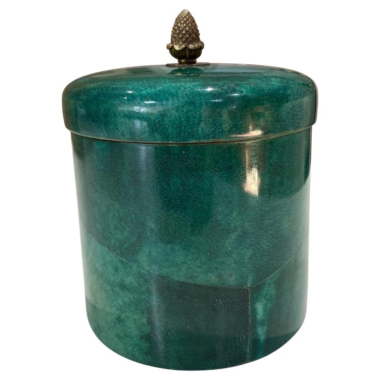 Emerald Green Goat Skin Covered Wooden Cylinder Box in the Style of ...