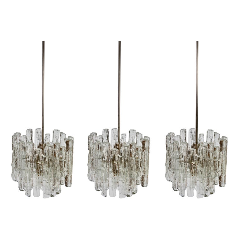 Set of Three Midcentury Kalmar Ice Crystal Glass Pendant Lights or ...