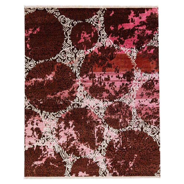 Contemporary Pink Tibetan Wool and Silk Rug with Abstract Pattern For ...
