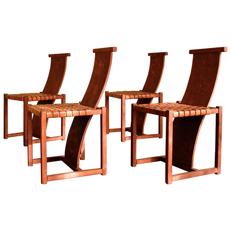 4 chairs in leather and tinted wood, 70's, mid-Century Italian design ...