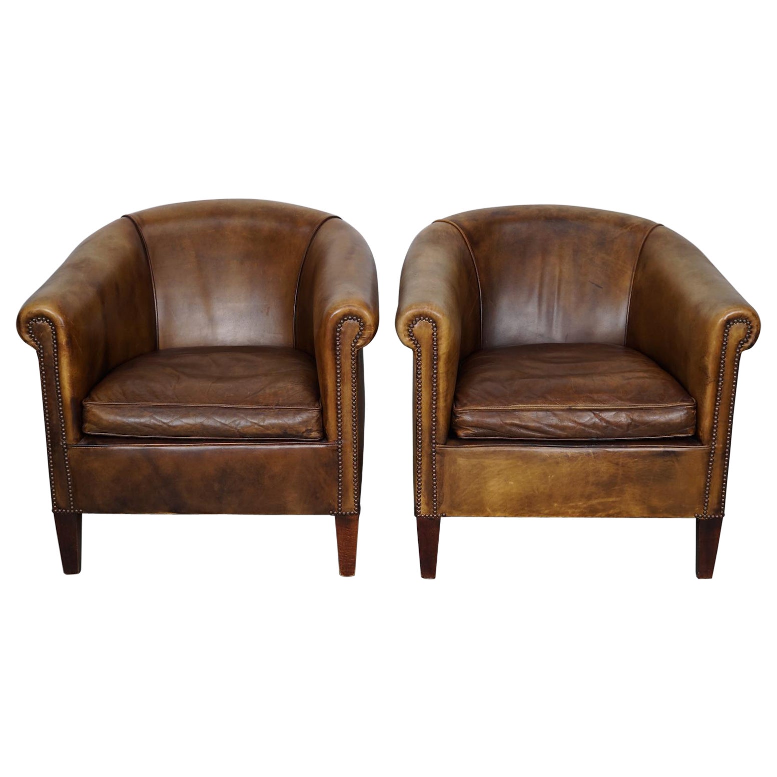 Vintage Dutch Cognac Colored Leather Club Chair, Set of 2 at 1stDibs